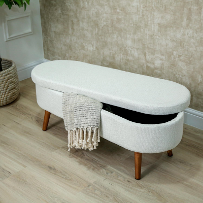 45.5cm White Boucle Storage Bench with Wooden Legs – Modern Upholstere ...